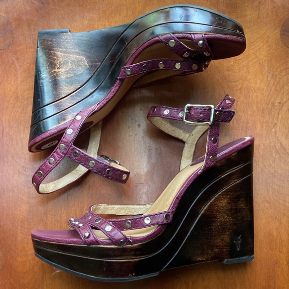 Frye | Shoes | Frye Briget Studded Purple Leather Wood Platform Wedge ...